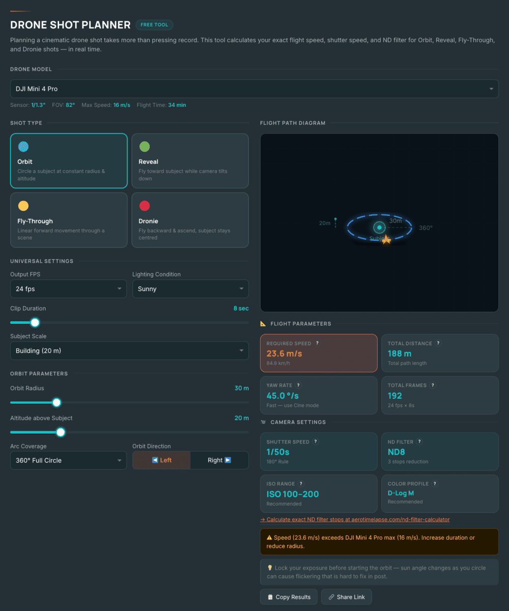 Drone Shot Planner — Free Cinematic Flight Calculator